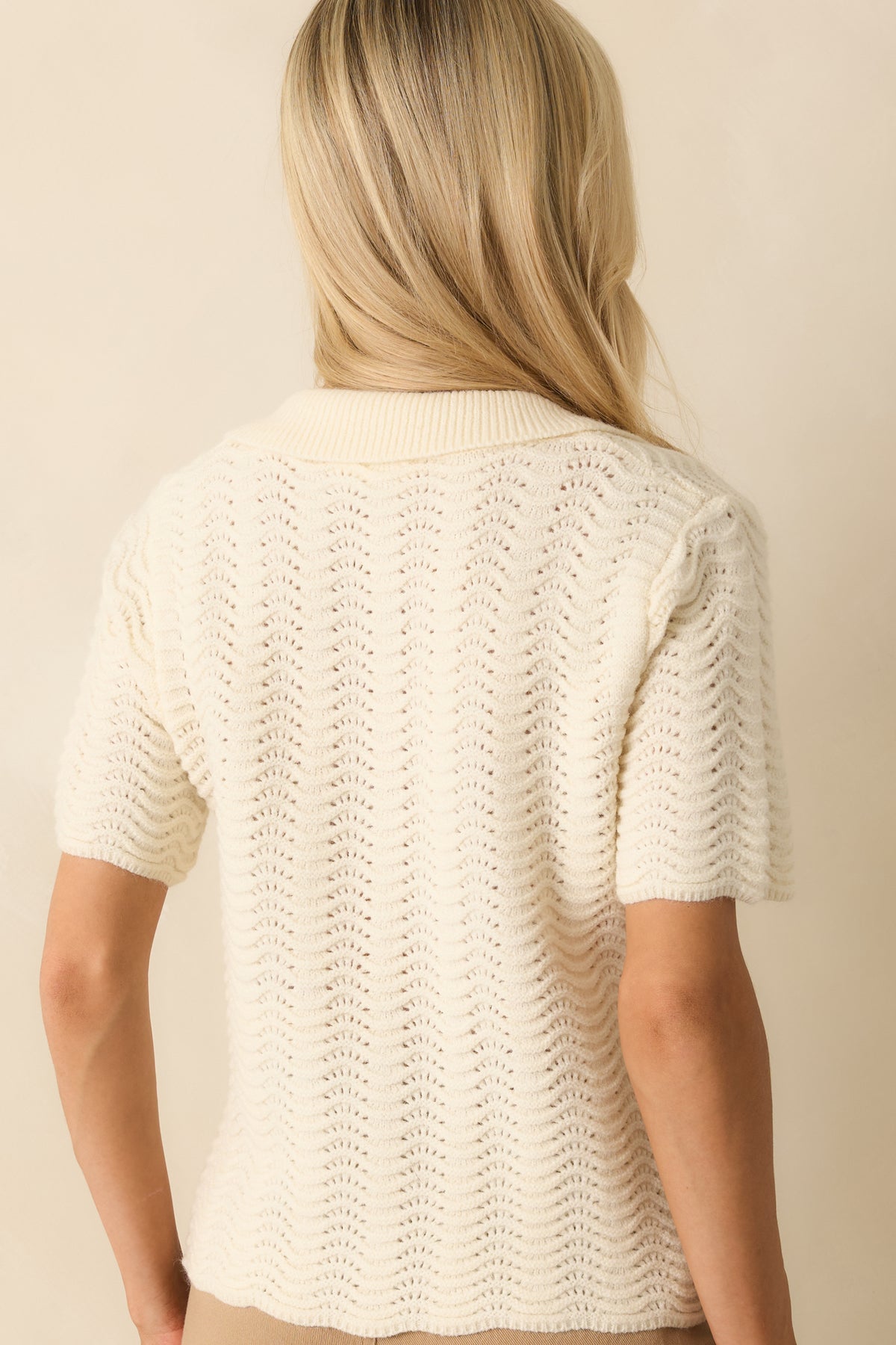 Ivory Scalloped Pointelle Knit Sweater - Casual Tops | Red Dress