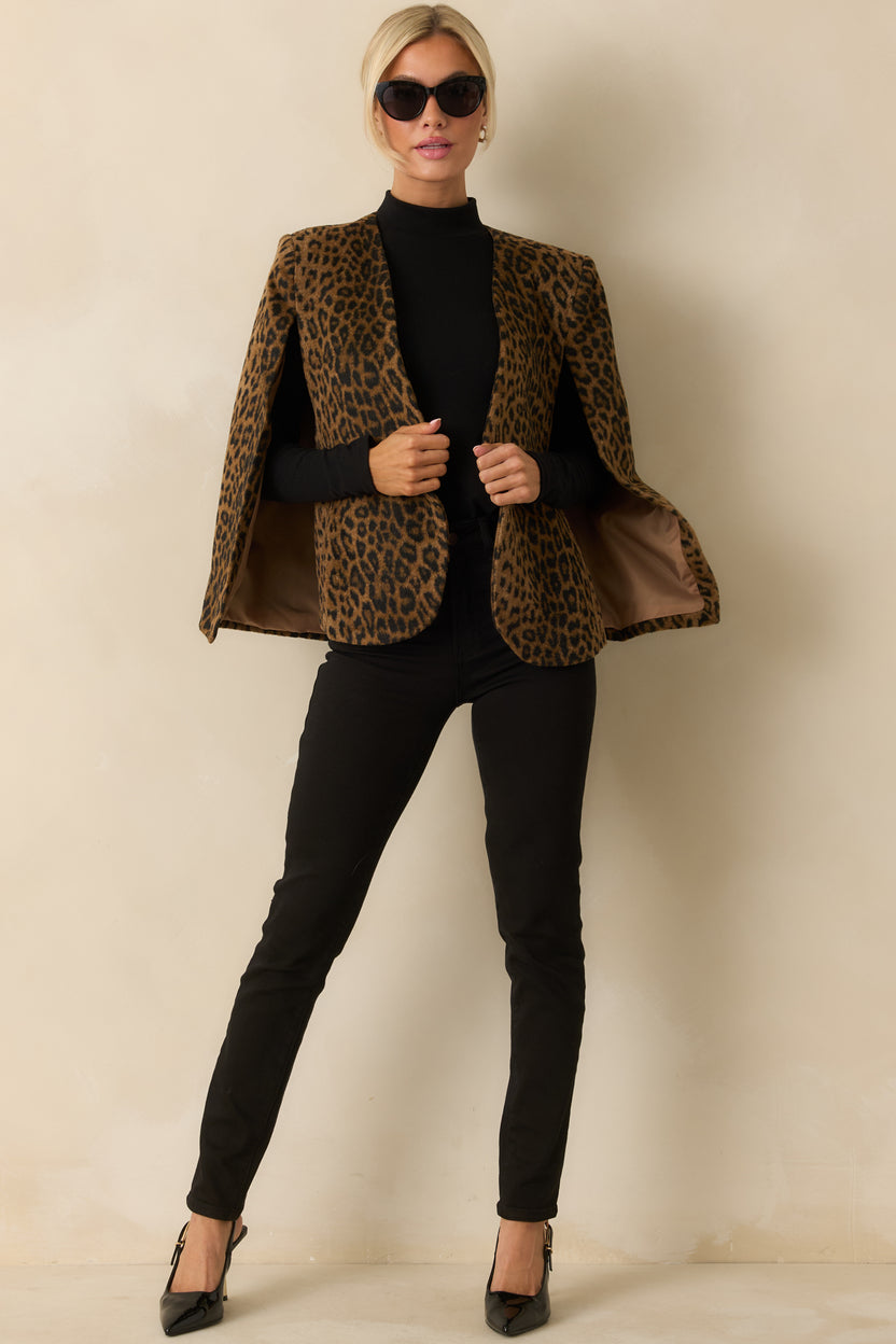Brown Leopard Print Cape Blazer - All Outerwear | Red Dress