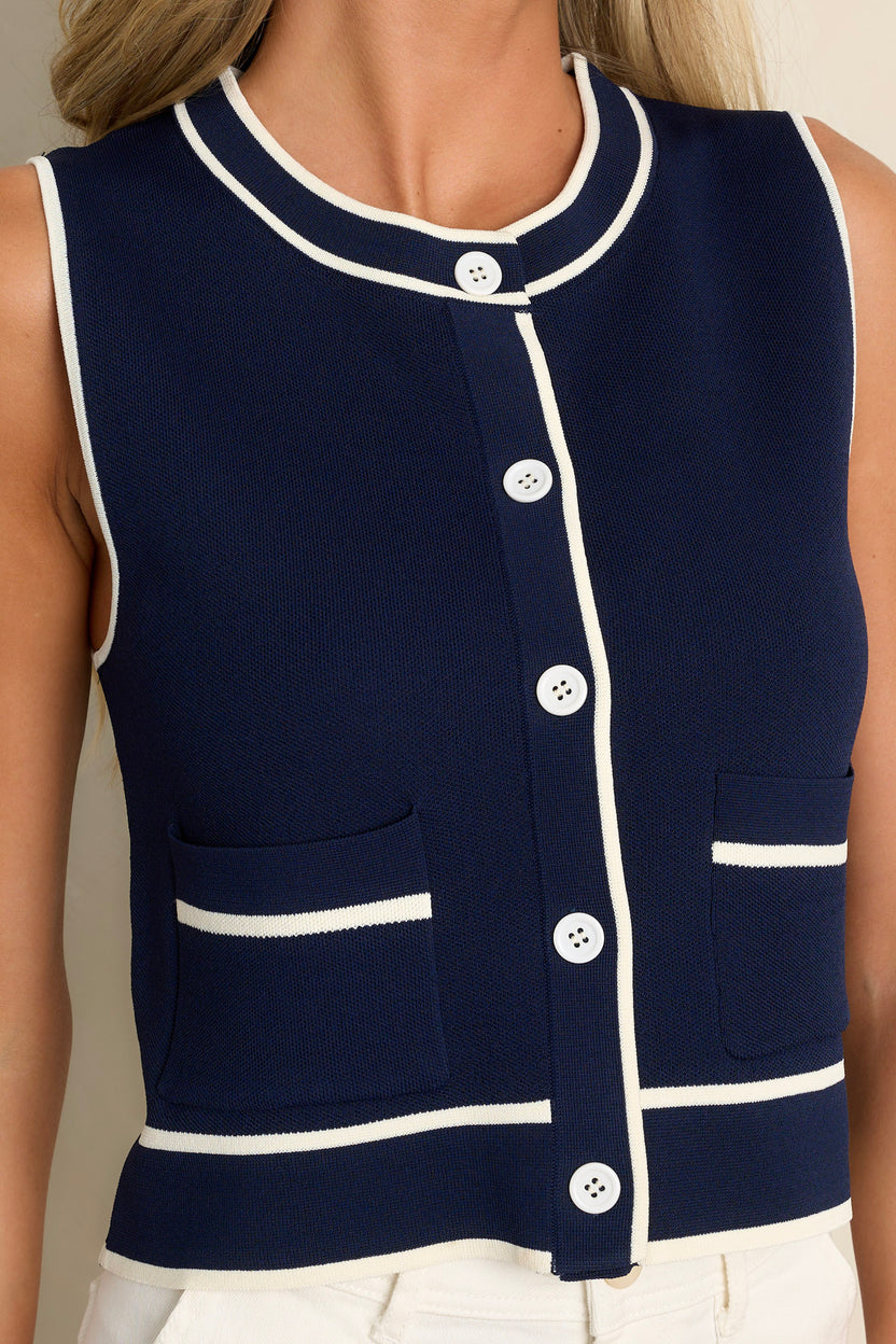 Navy Sleeveless Button Front Vest - All Tops | Red Dress