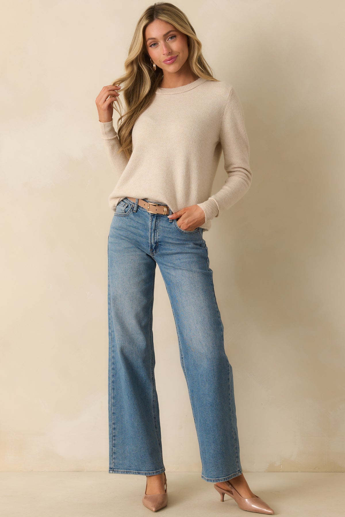 Oatmeal Beige Long Sleeve Crewneck Sweater - All Tops | Red Dress