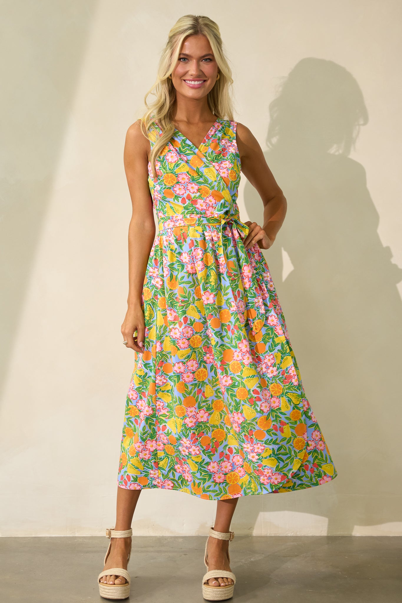 Sky Blue Multi Print Midi Wrap Dress - All Dresses | Red Dress