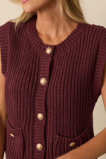 Wine Red Ribbed Knit Button Up Sweater Vest - All Tops | Red Dress