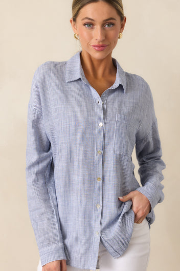 Blue Stripe Linen Blend Button Front Top - All Tops | Red Dress