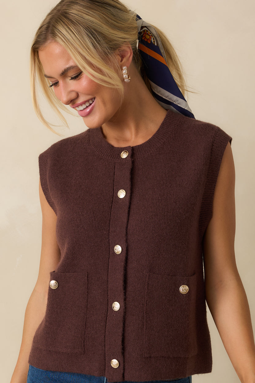 Chocolate Brown Button Front Sweater Vest - Women's Tops | Red Dress