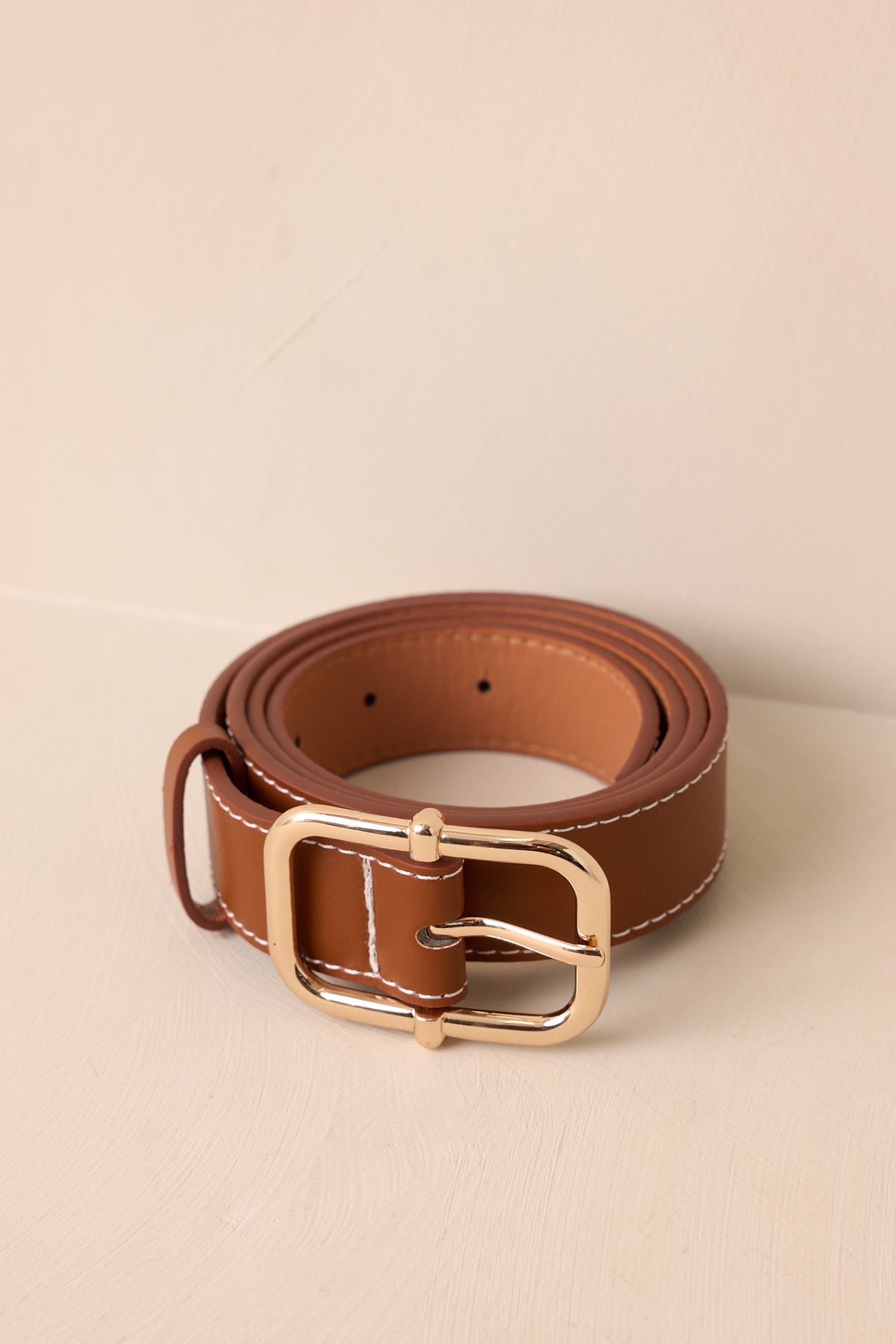 Cognac Brown Stitch Border Belt - All Accessories | Red Dress