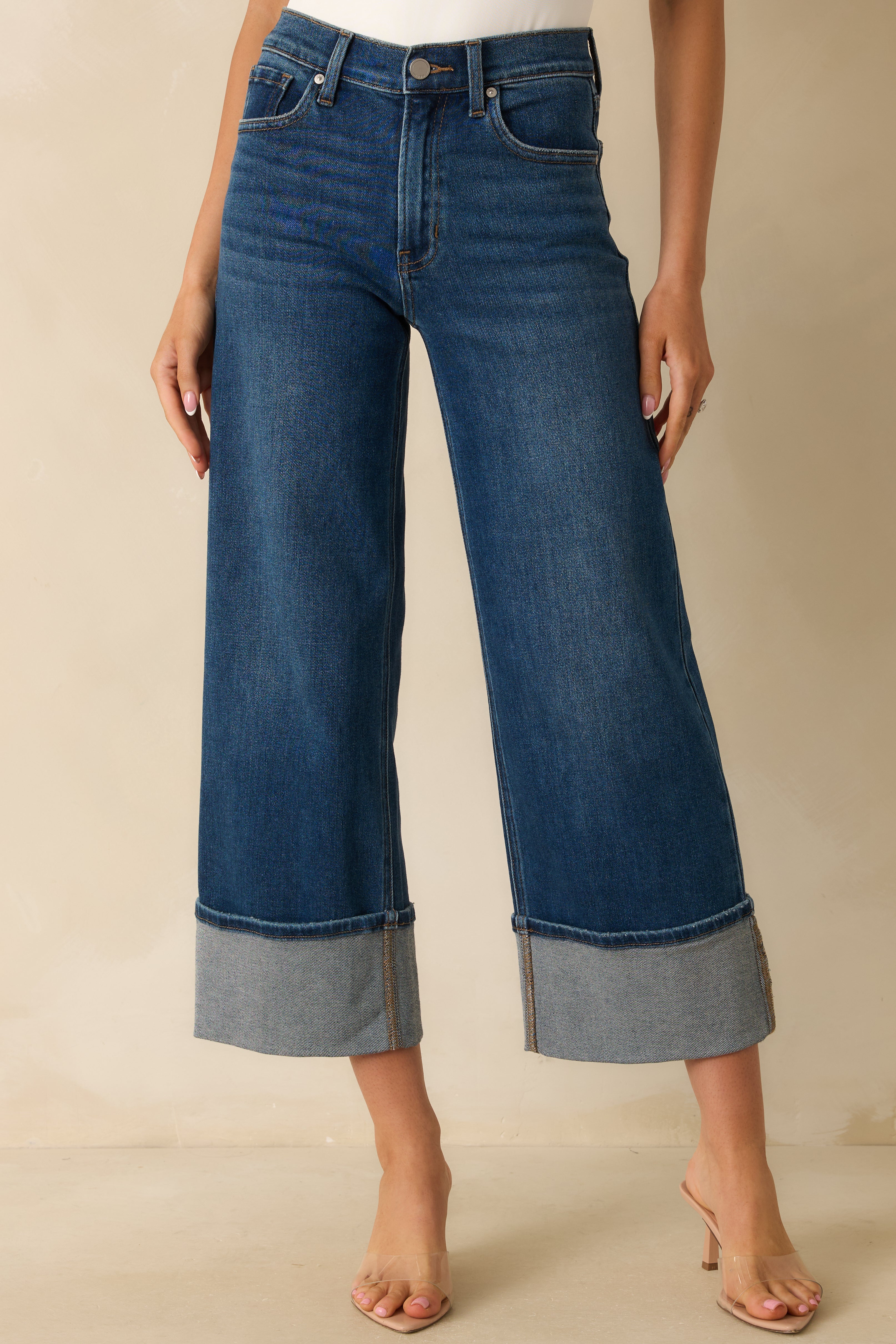 Deep Vintage Indigo Wide-Leg Cuffed Jeans - Women's Bottoms | Red Dress