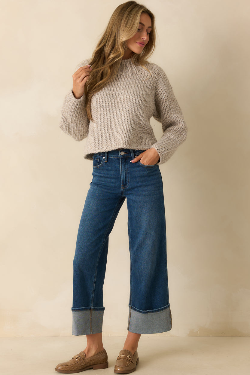 Deep Vintage Indigo Wide-Leg Cuffed Jeans - Women's Bottoms | Red Dress