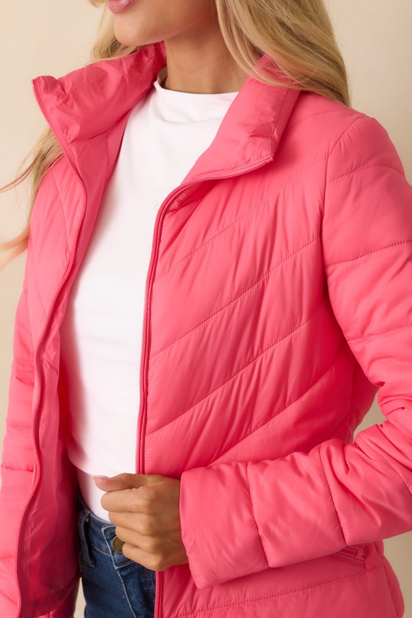 Bright Pink Puffer Jacket - All Outerwear | Red Dress
