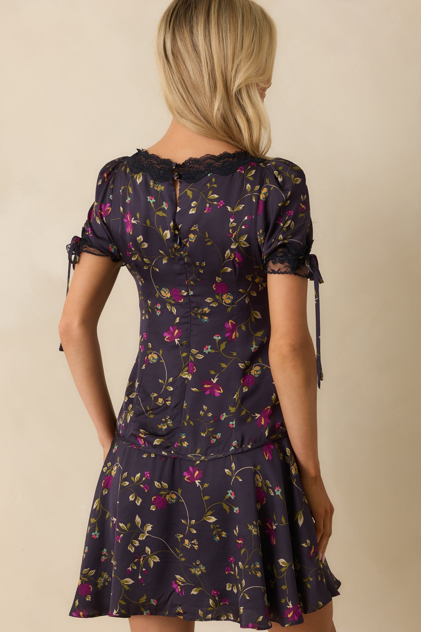 Dark Indigo Floral Satin Lace Mini Dress - Women's Dresses | Red Dress