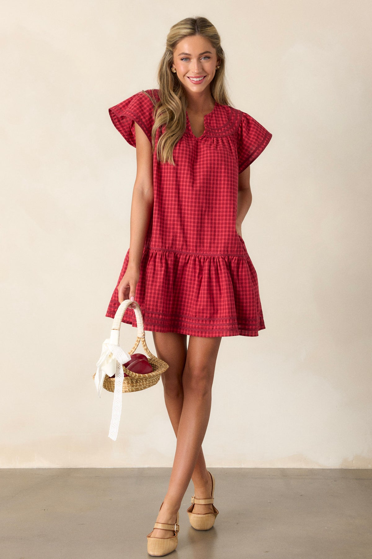100% Cotton Red Gingham Mini Dress - Fall Dresses | Red Dress