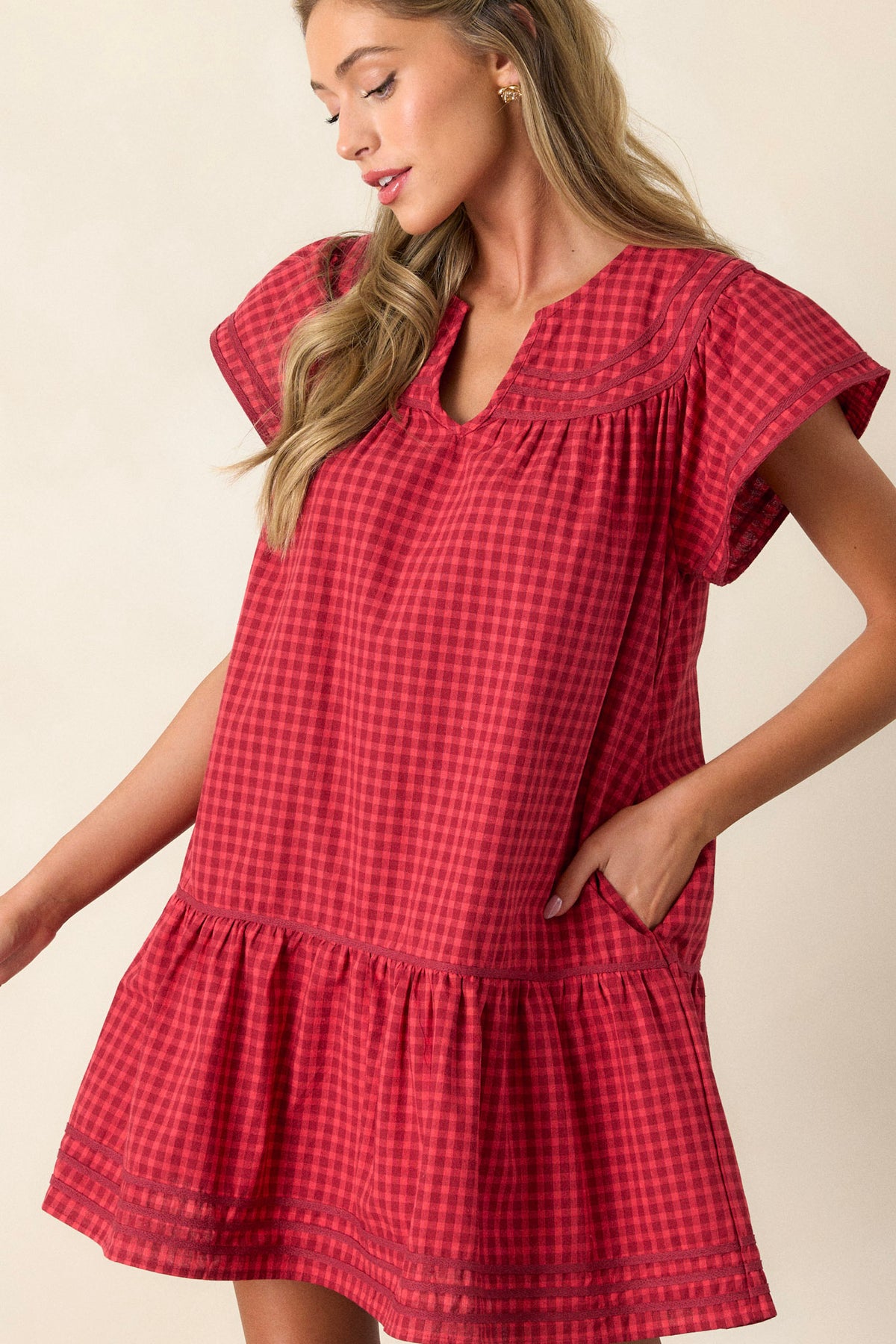 100% Cotton Red Gingham Mini Dress - Fall Dresses | Red Dress