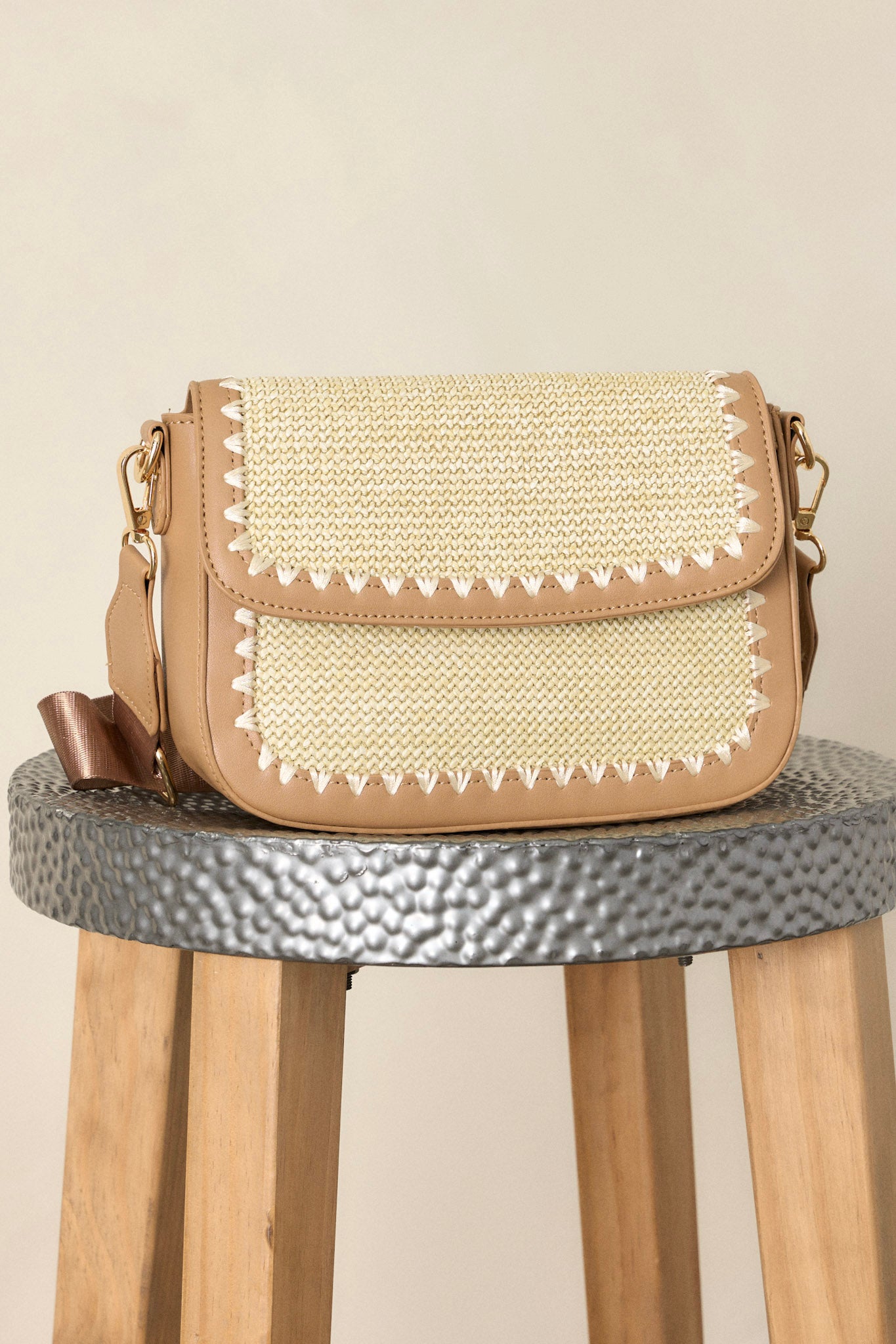Natural Woven Tan Flap Closure Handbag - All Accessories | Red Dress