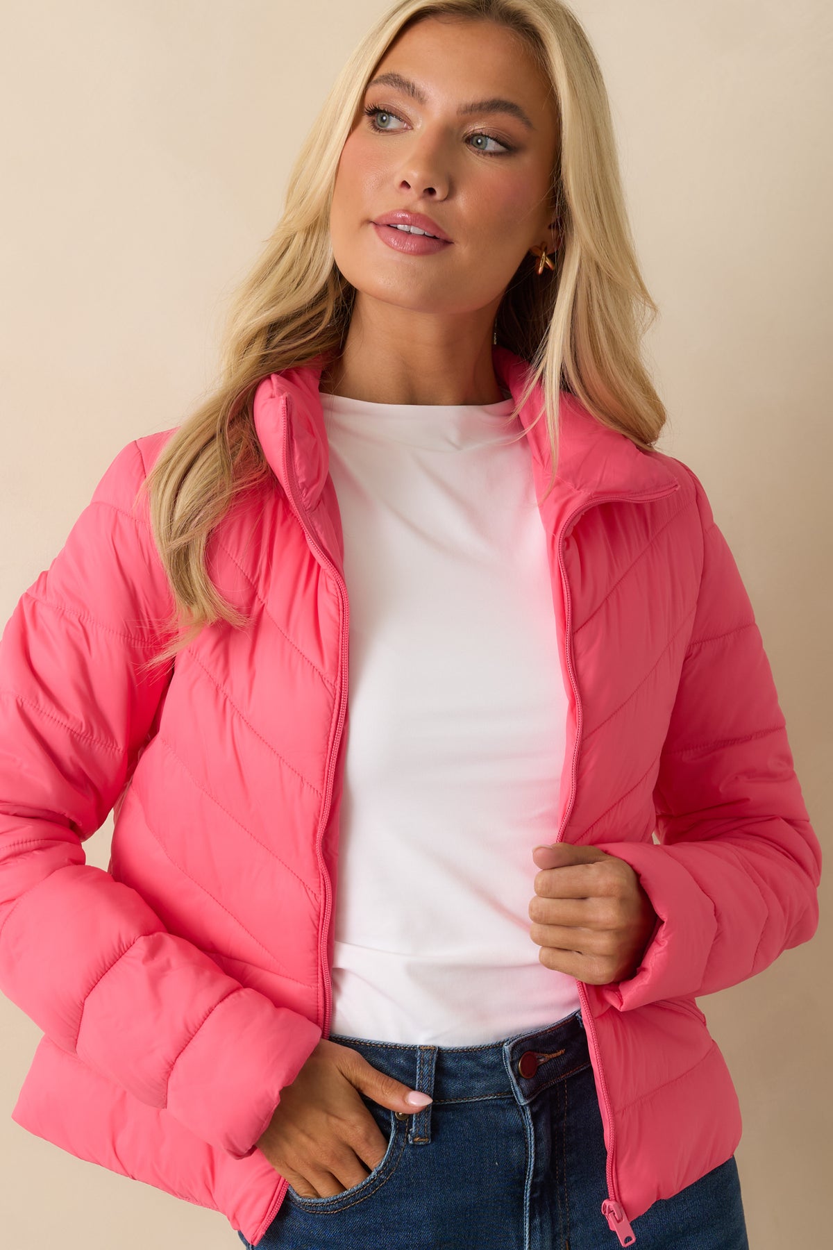 Bright Pink Puffer Jacket - All Outerwear | Red Dress