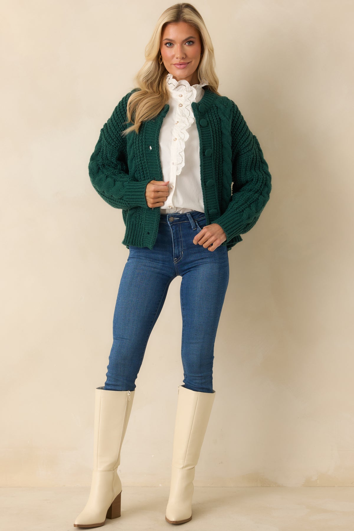 Forest Green Cable Knit Button Up Cardigan - Women's Tops | Red Dress