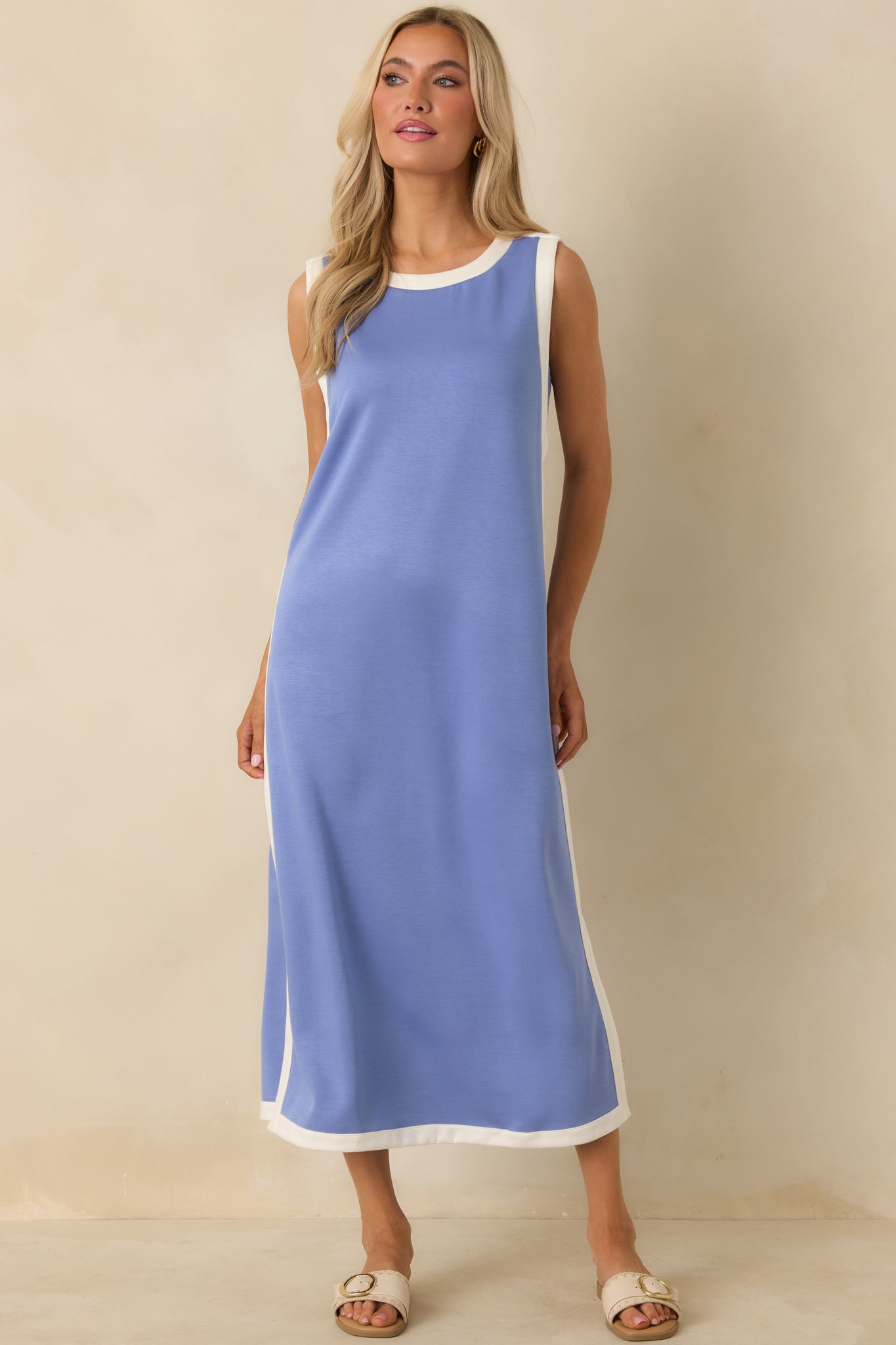 Blue Jersey Knit Contrast Trim Sleeveless Maxi Dress - All Dresses ...