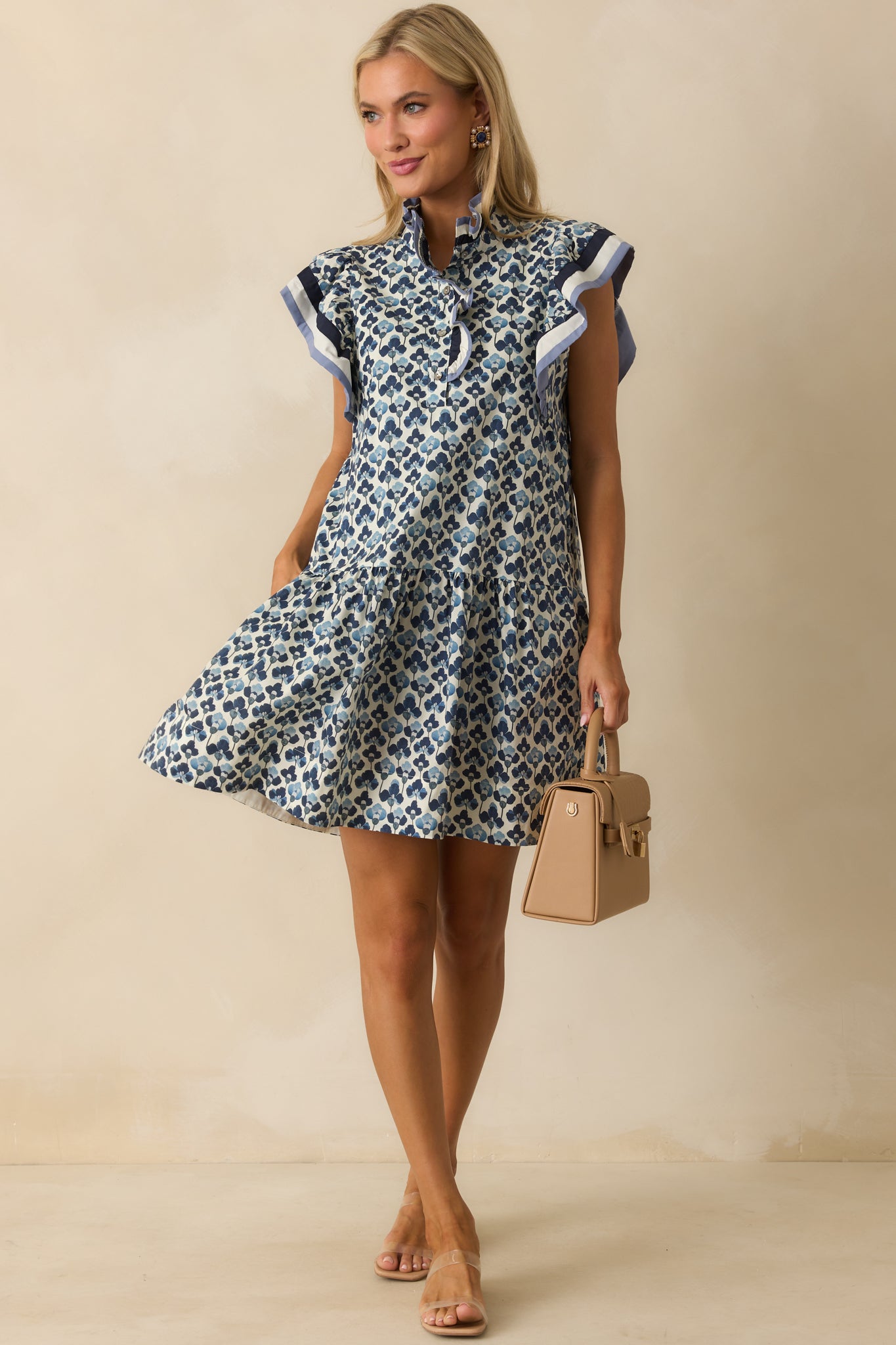 Blue Multi Floral Print Cotton Mini Dress - All Dresses | Red Dress