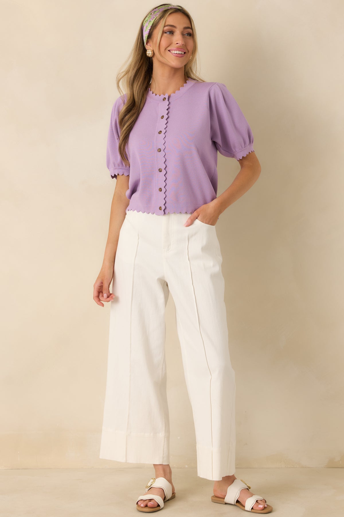 Lavender Knit Scalloped Edge Puff Sleeve Button Up Cardigan - All Tops ...