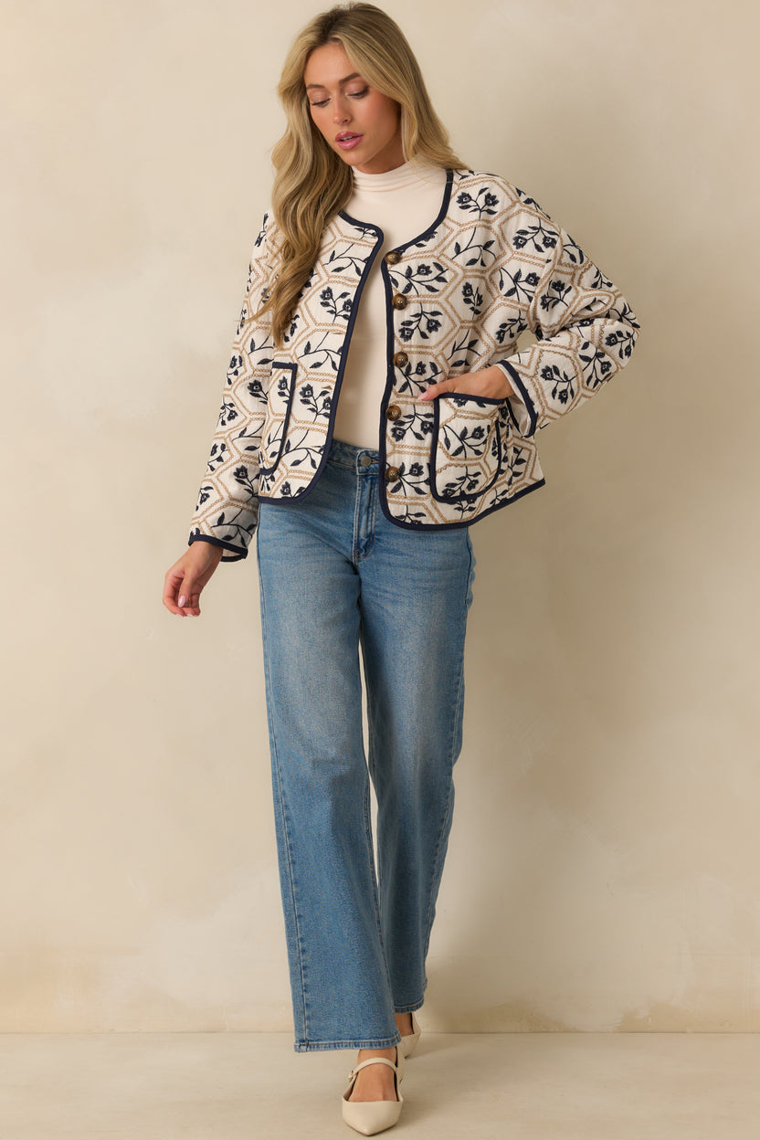 Ivory Floral Embroidered Quilted Jacket - All Outerwear | Red Dress