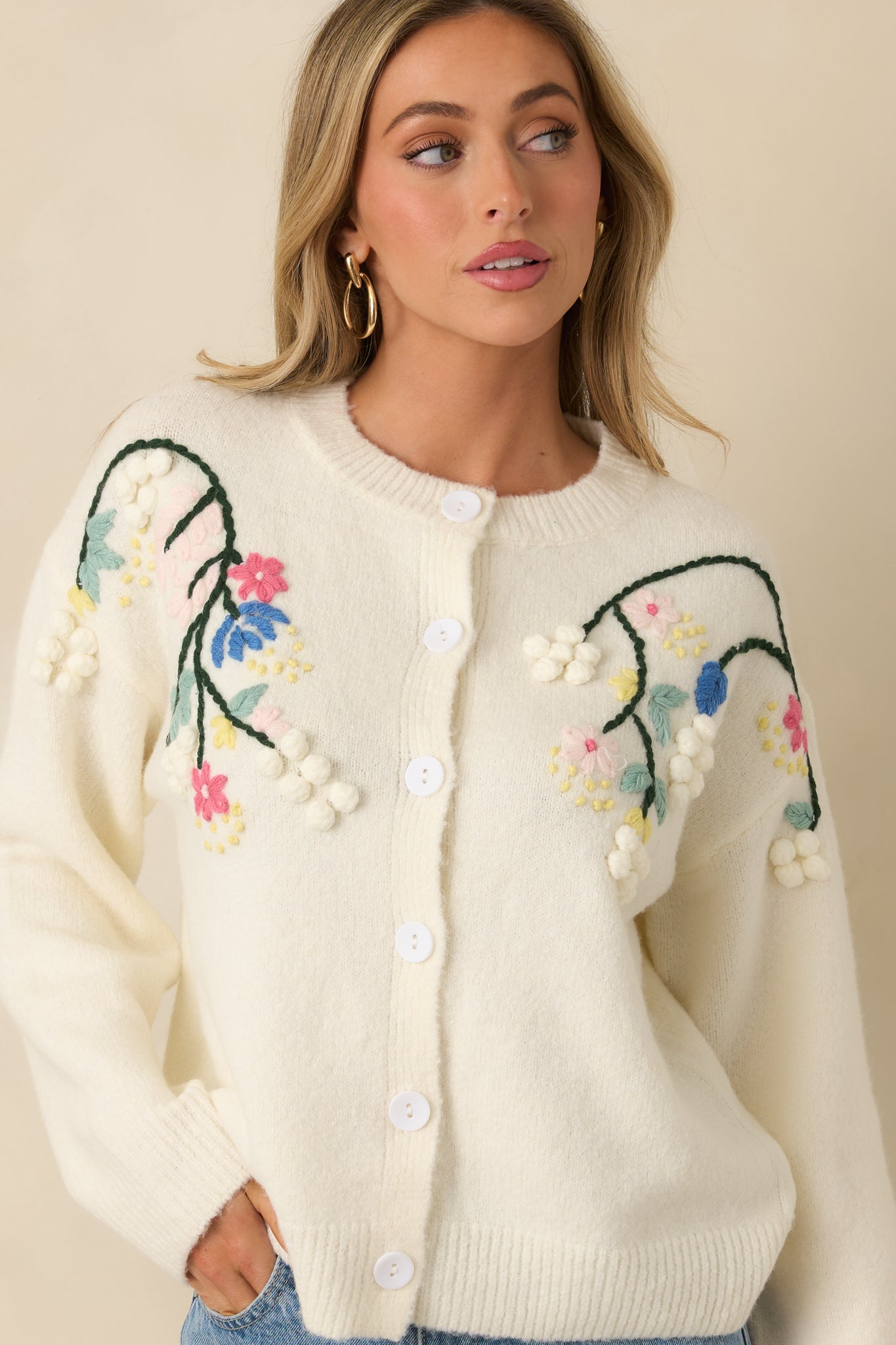 Ivory Multi Knit Floral Embroidered Cardigan Sweater - All Tops | Red Dress