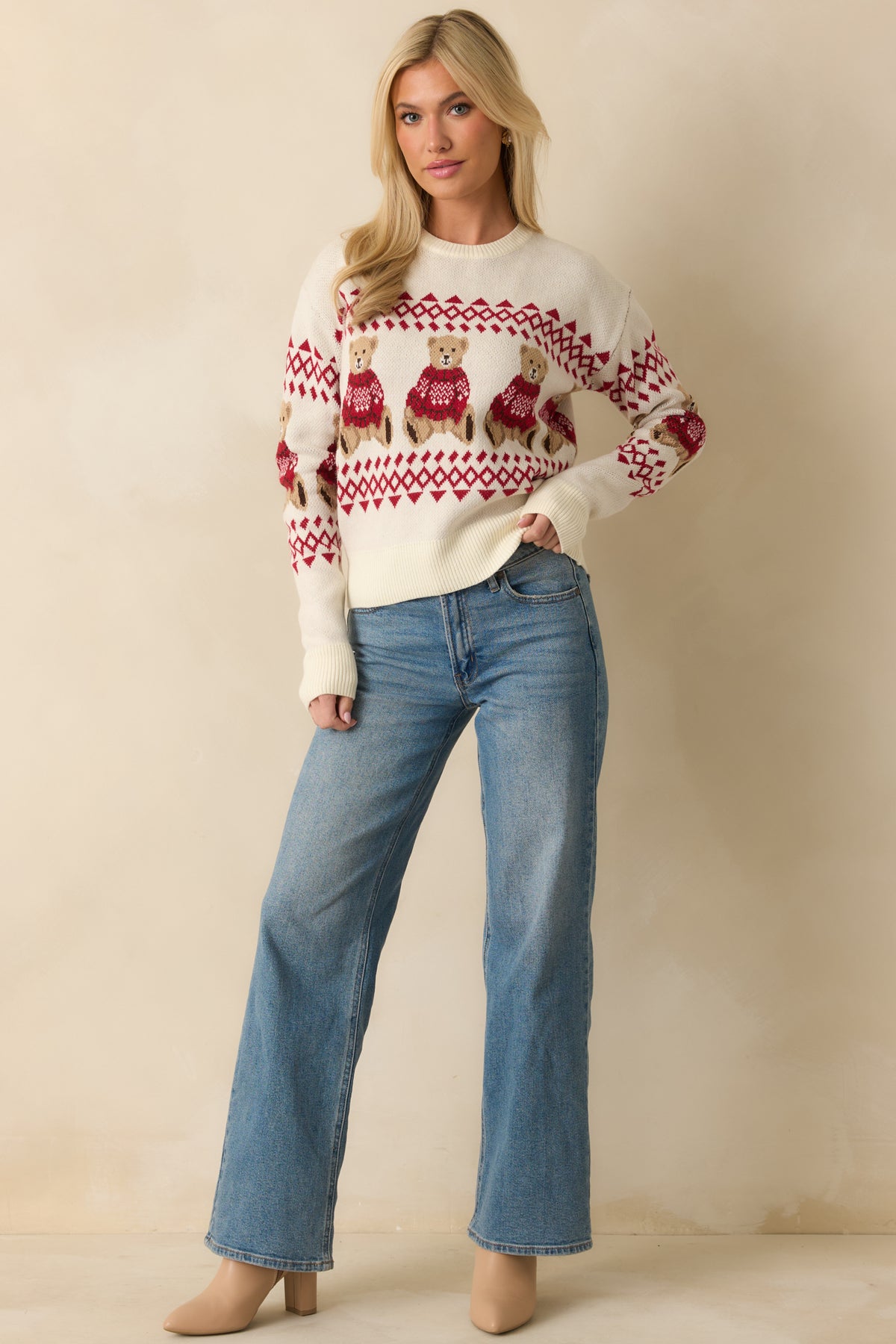 Ivory Fair Isle Teddy Knit Sweater - Women's Tops | Red Dress