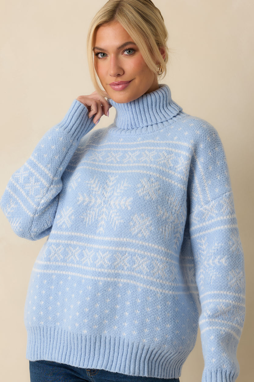 Light Blue Snowflake Knit Turtleneck Sweater - Women's Tops | Red Dress