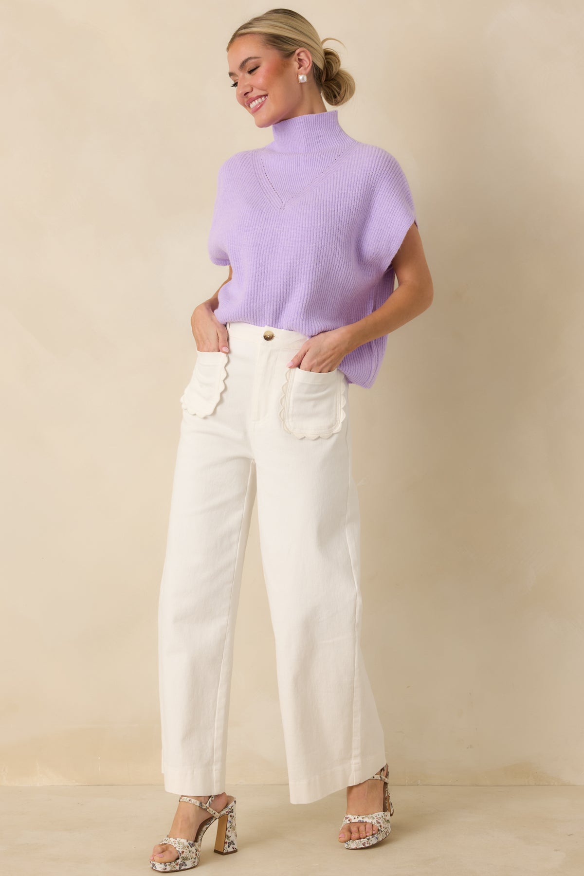Lavender Ribbed Knit Mockneck Cap Sleeve Sweater - All Tops | Red Dress
