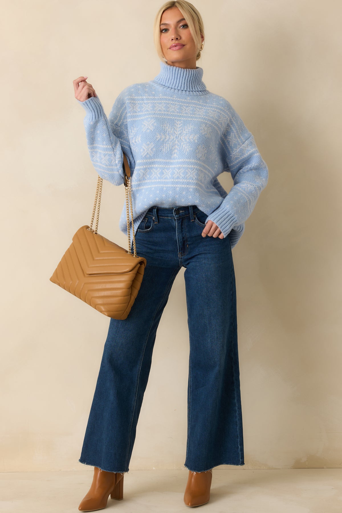 Light Blue Snowflake Knit Turtleneck Sweater - Women's Tops | Red Dress