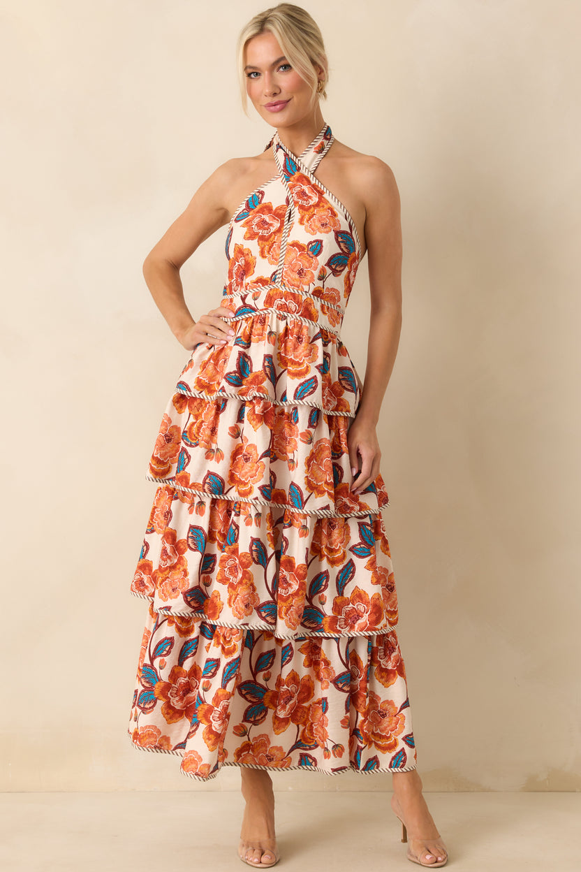 Orange Floral Criss Cross Halter Dress - Maxi Dresses | Red Dress