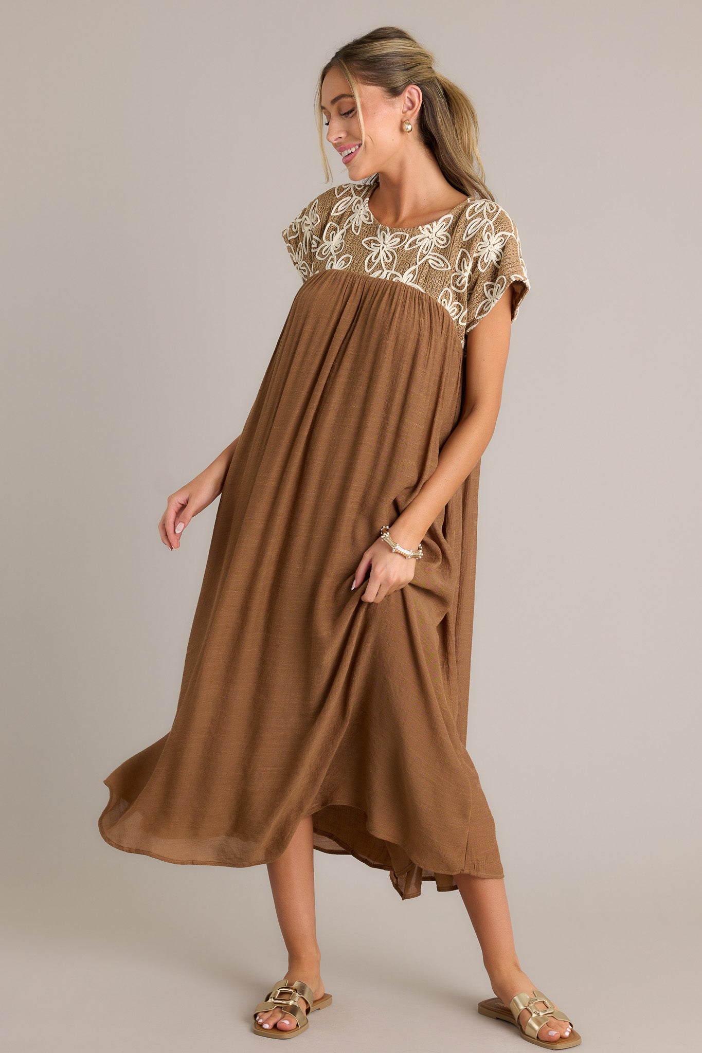 Tan Floral Midi Dress - All Dresses | Red Dress