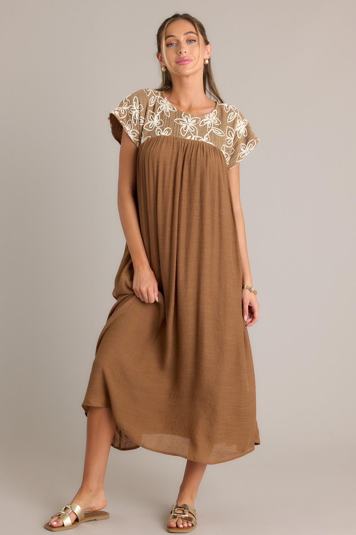 Tan Floral Midi Dress - All Dresses | Red Dress