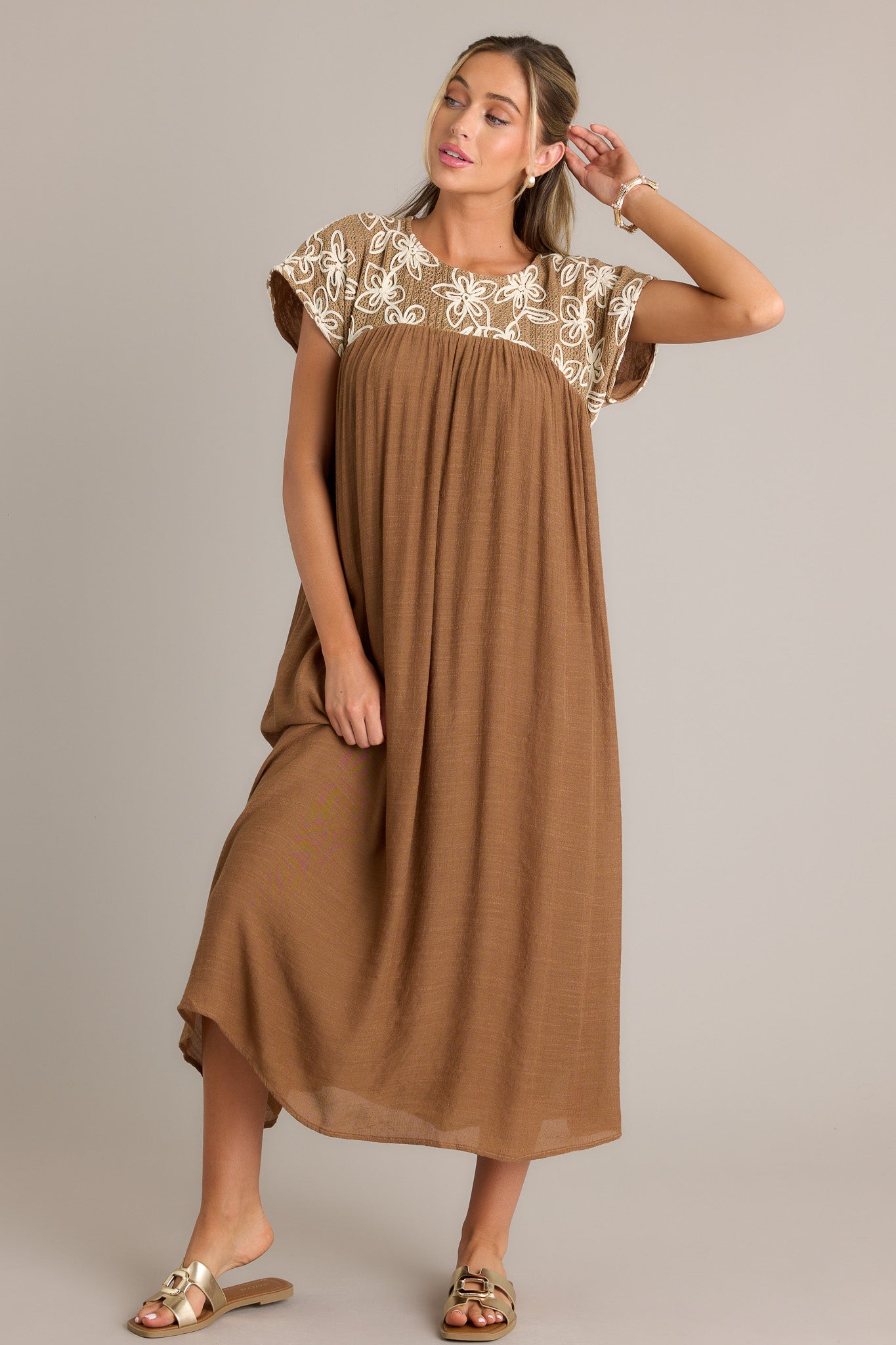 Tan Floral Midi Dress - All Dresses | Red Dress