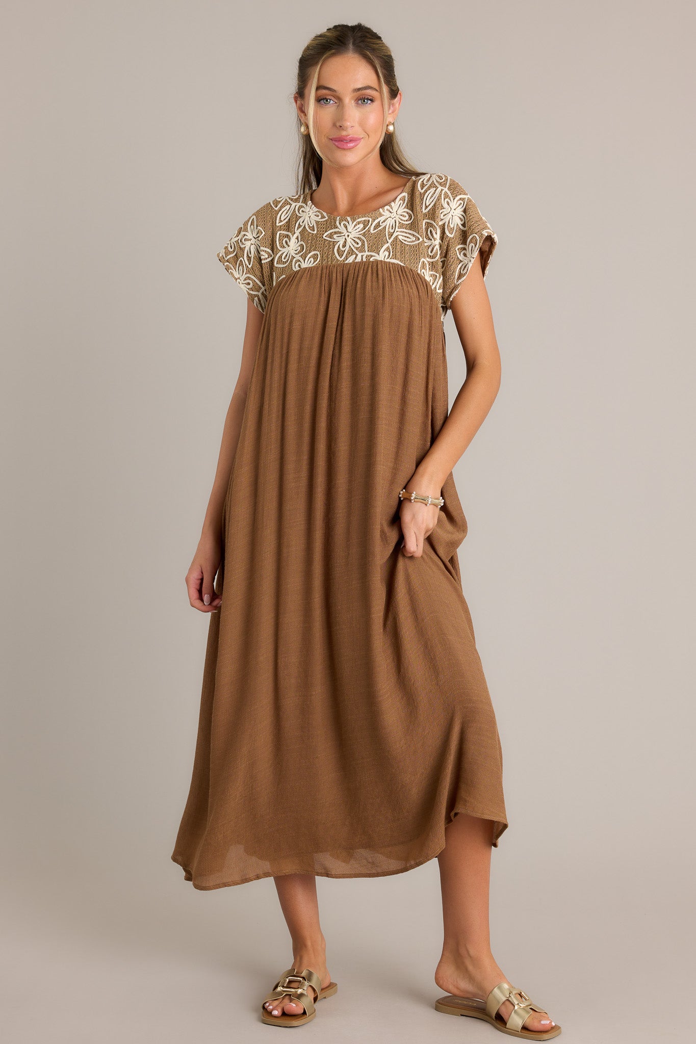 Tan Floral Midi Dress - All Dresses | Red Dress