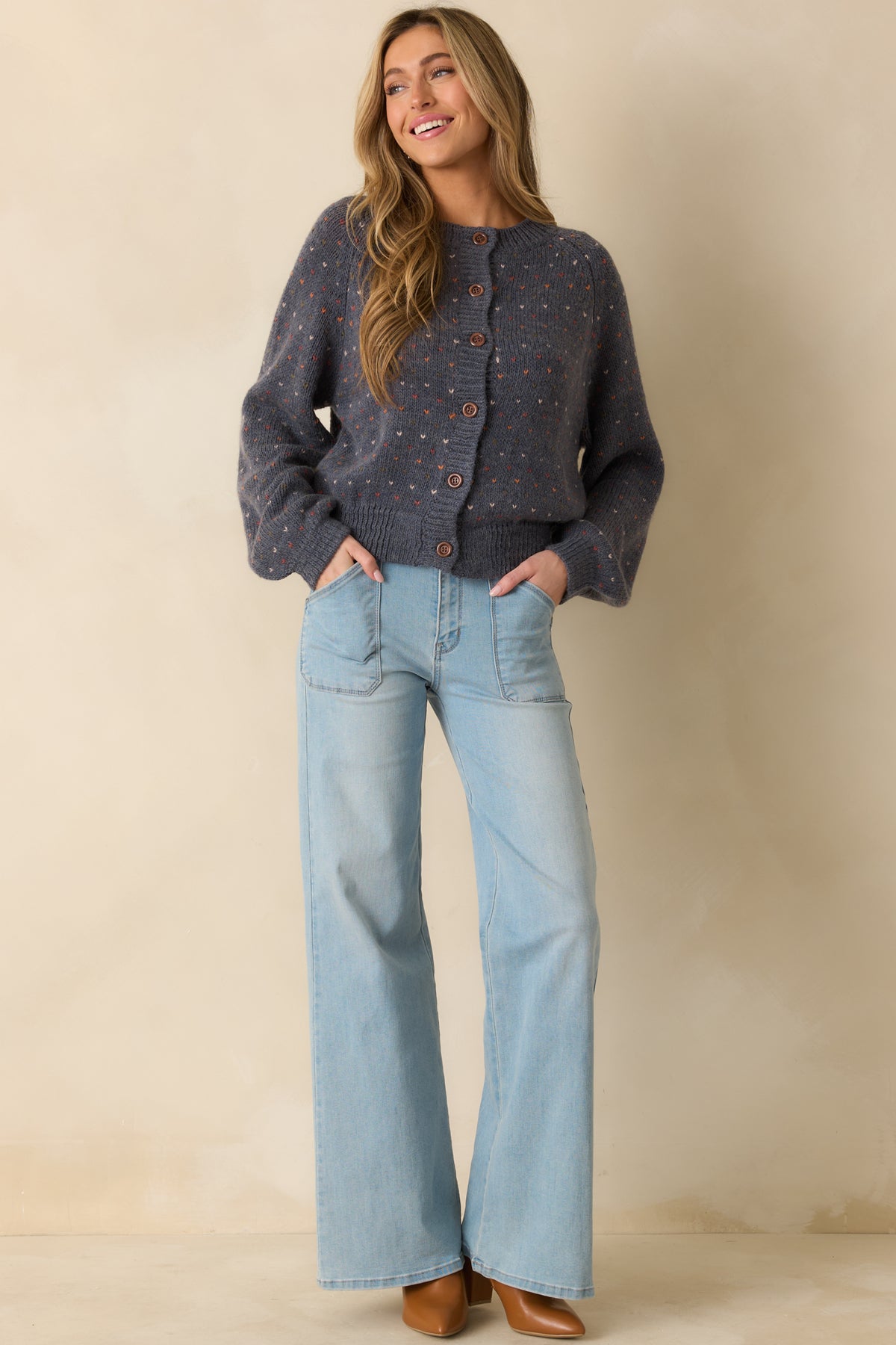 Navy Heather Knit Heart Button Up Cardigan Sweater - All Tops | Red Dress