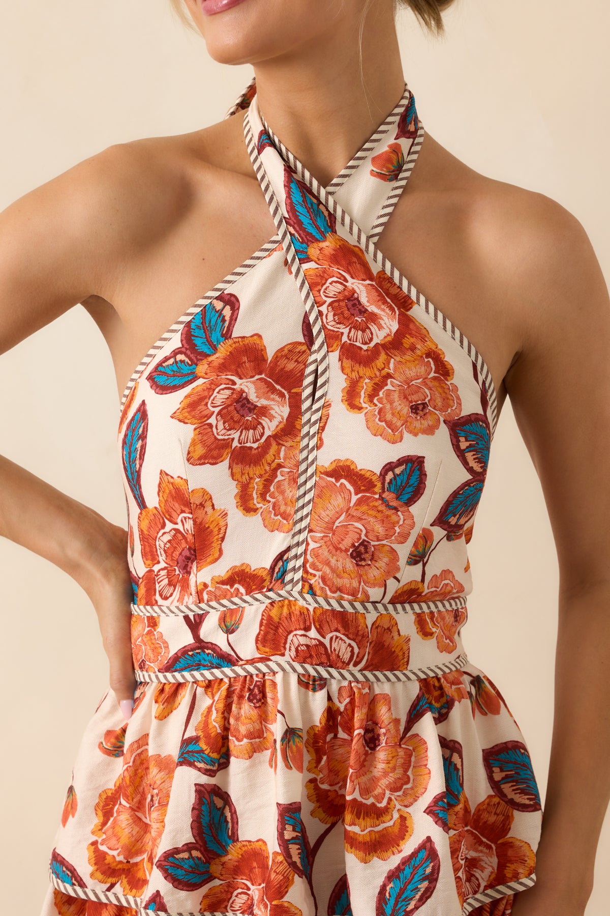 Orange Floral Criss Cross Halter Dress - Maxi Dresses | Red Dress