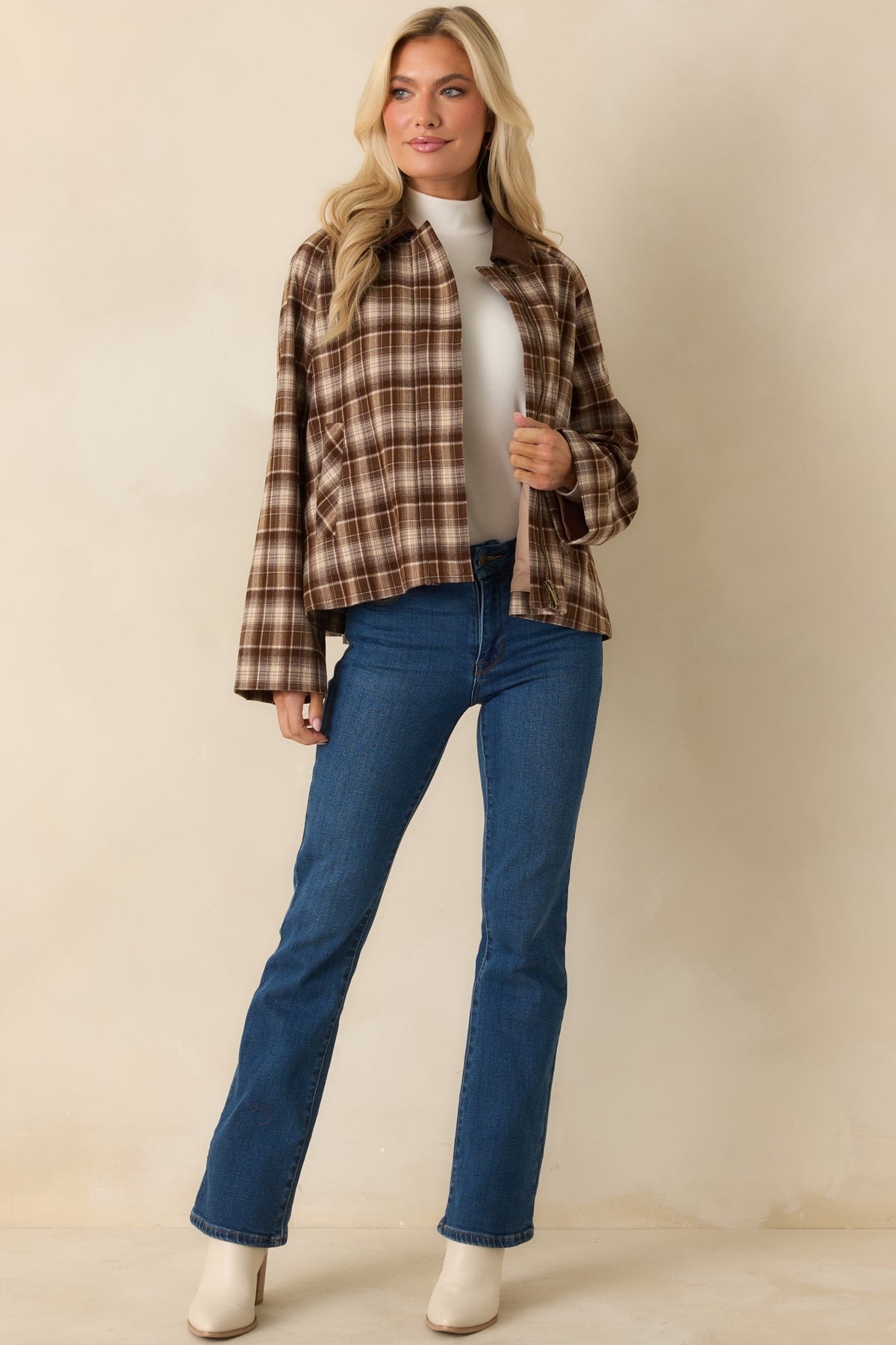 Brown Plaid Zip Up Jacket - All Outerwear | Red Dress