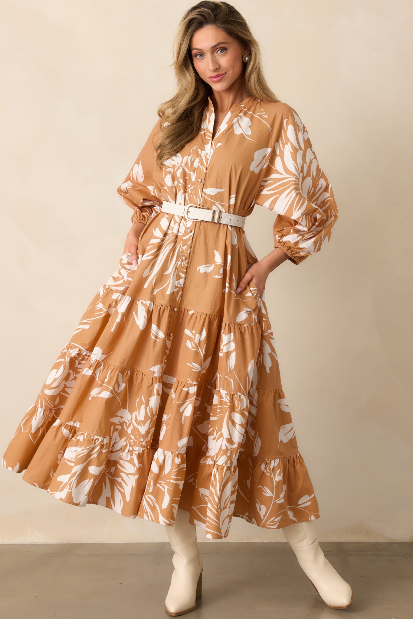 Prosperina Adelaide Maxi Dress In Fawn Brown Floral Print | Red Dress