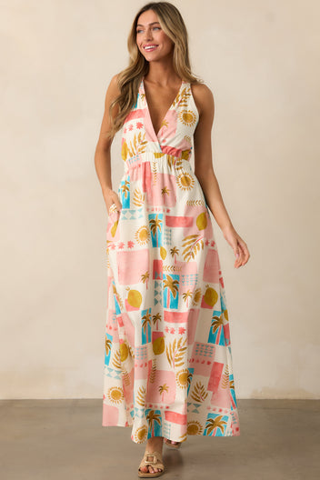 Pink Multi Tropical Print Maxi Dress - All Dresses | Red Dress