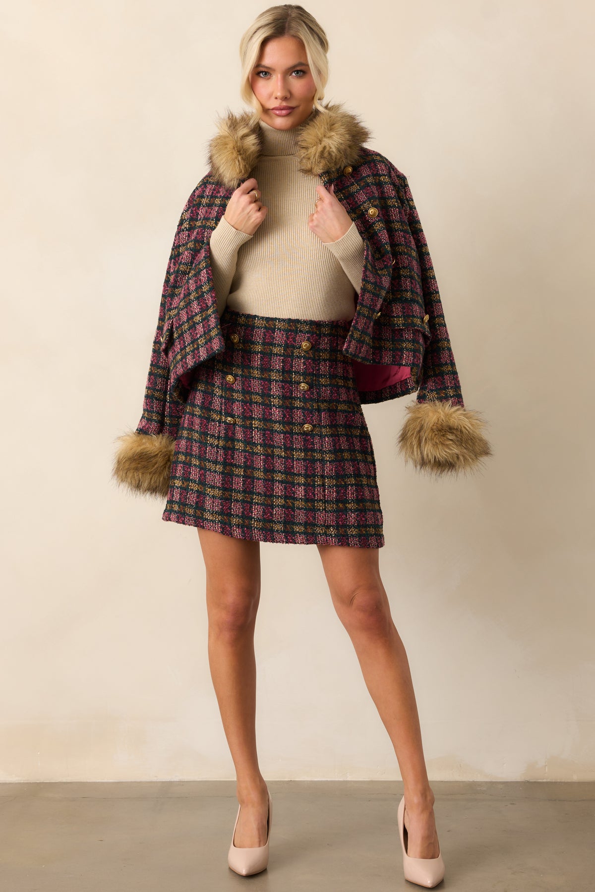 Prosperina Bouvier Tweed Jacket In Pink Multi Plaid | Red Dress