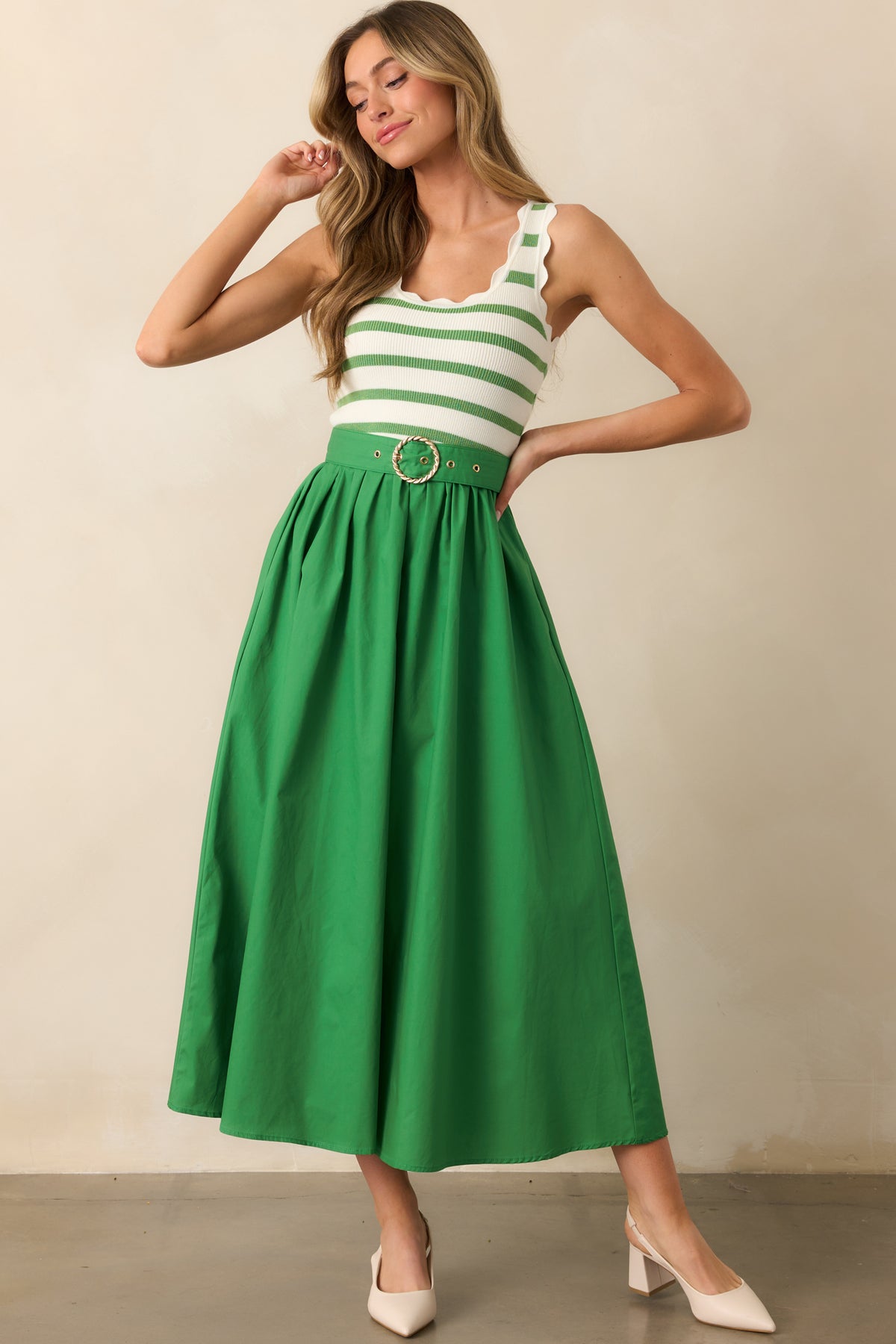 Prosperina Greer Midi Dress In Eden Green Stripe | Red Dress