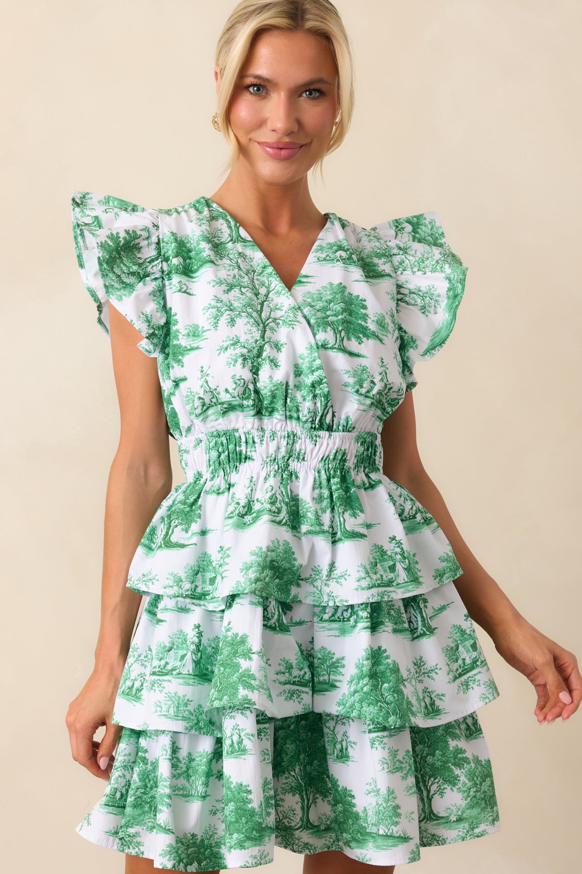 Prosperina Bridget Cotton Ruffle Mini Dress In Eden Green Toile | Red Dress