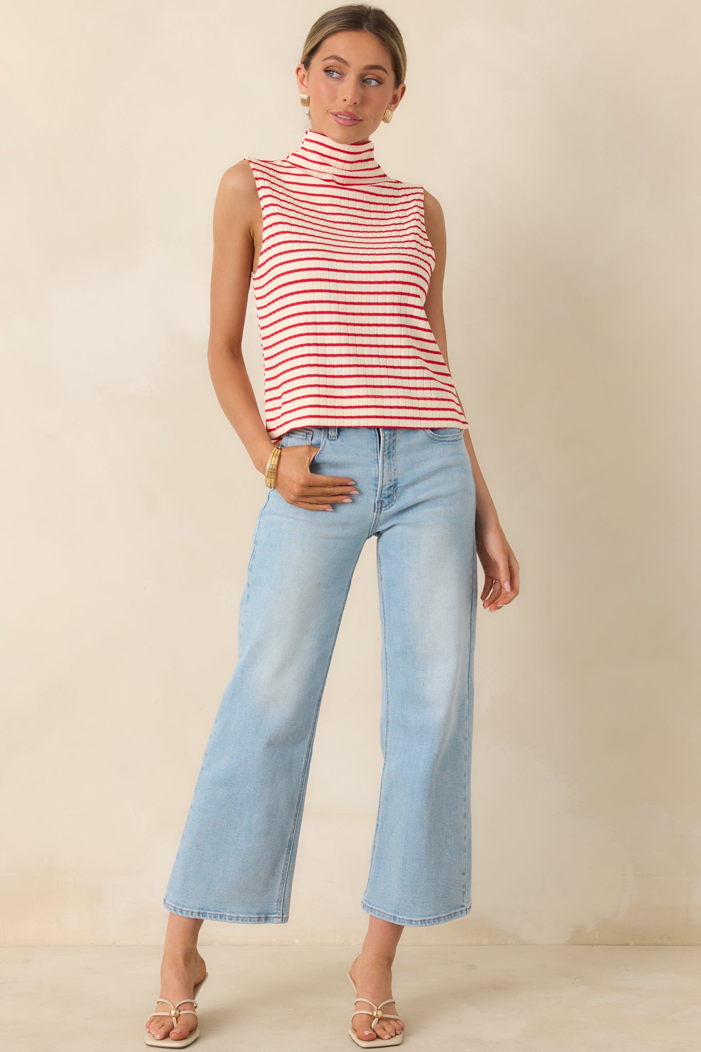 Red Dress | Red Stripe Mockneck Sleeveless Top - All Tops