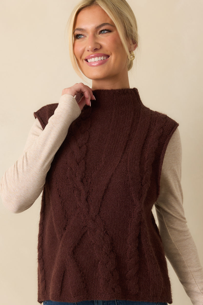 Chocolate Brown Cable Knit Sweater Vest - Women's Tops | Red Dress