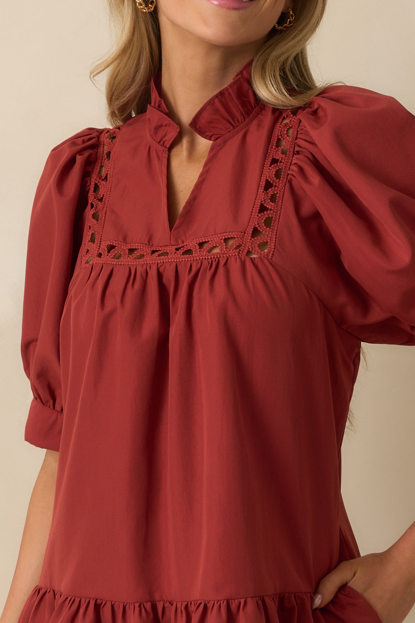 Brick Red Puff Sleeve Eyelet Dress - Mini Dresses | Red Dress