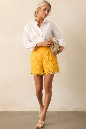 Sunflower Yellow Cotton Eyelet Shorts - All Bottoms | Red Dress