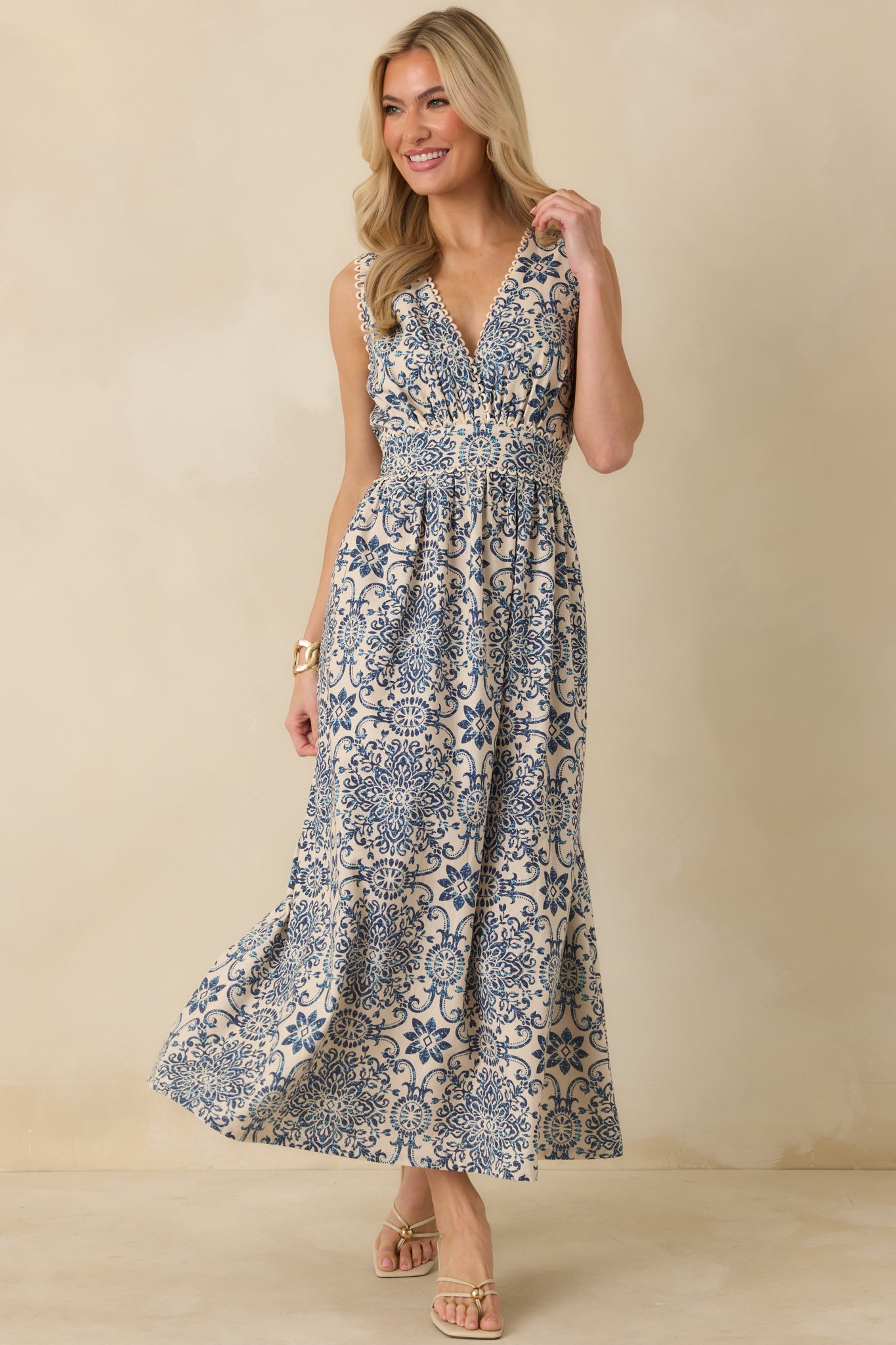 Blue Tile Print Linen Blend Sleeveless Dress - Maxi Dresses | Red Dress