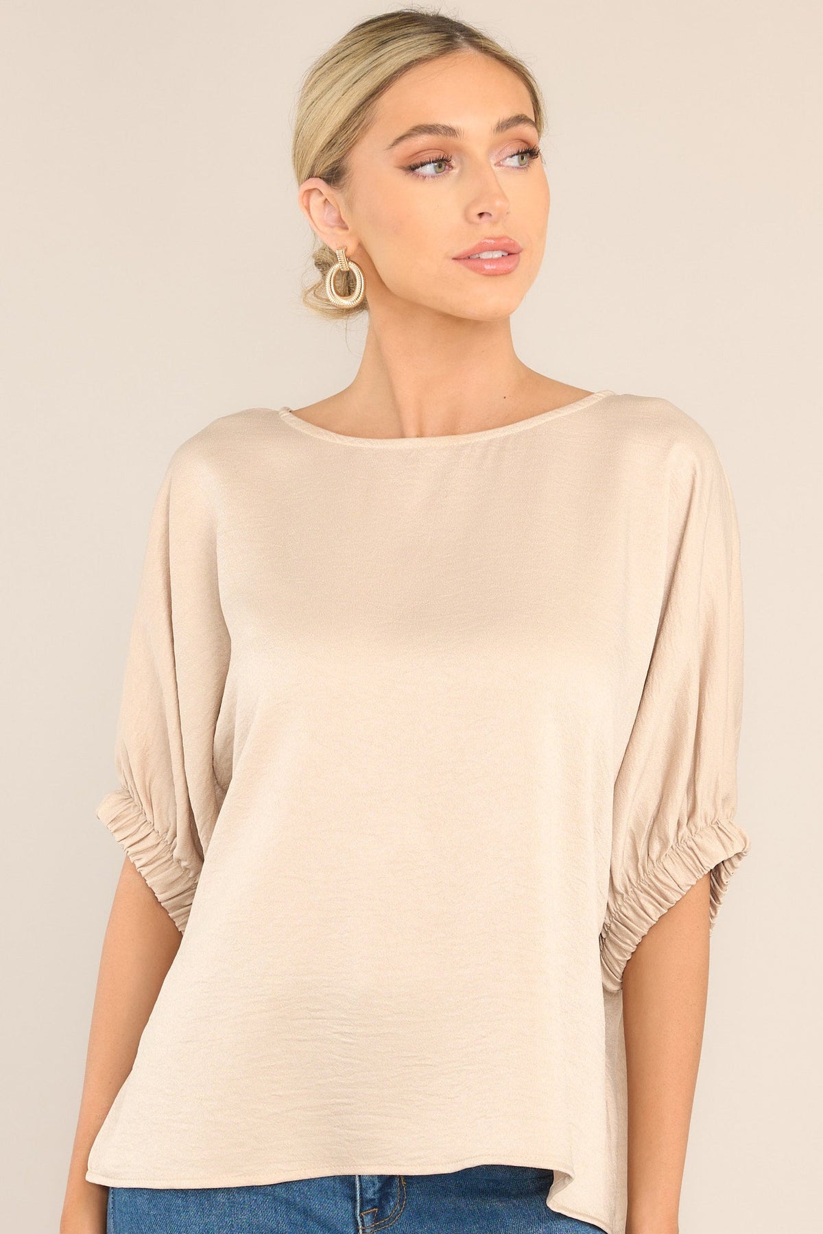 Champagne Satin Short Sleeve Top - Blouses & Shirts | Red Dress