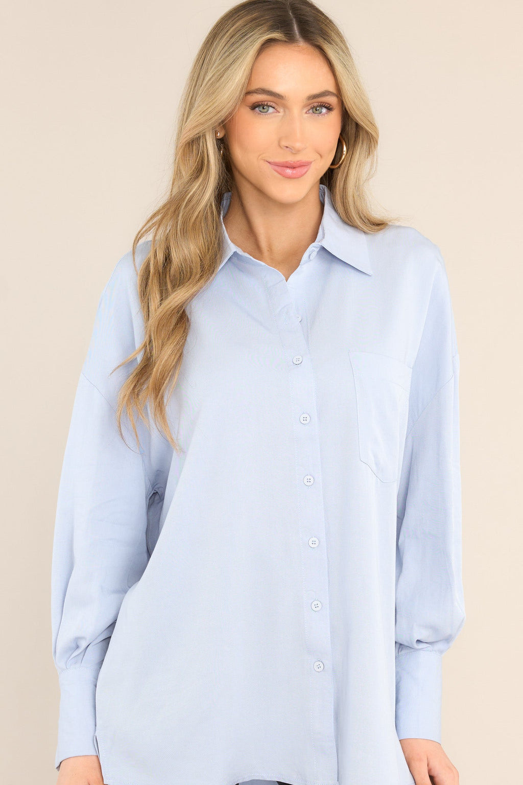 Light Blue Button Front Long Sleeve Top - All Tops | Red Dress