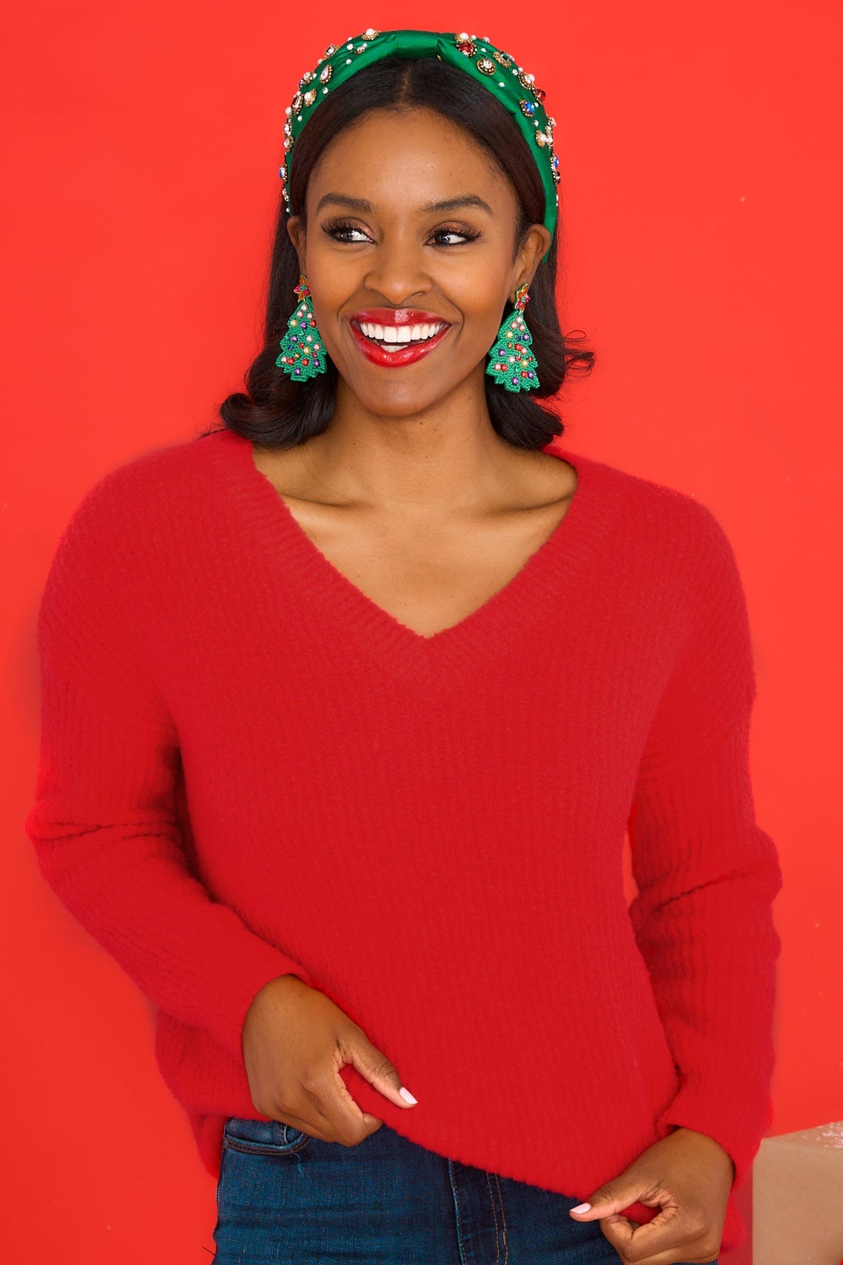 Festive Red V-Neck Sweater - Fall Favorites | Red Dress