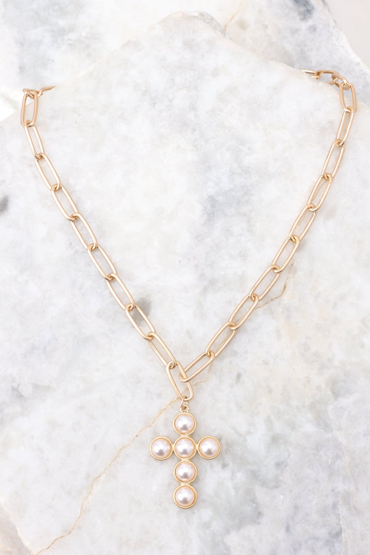Pretty Gold Pearl Cross Necklace - Jewelry | Red Dress