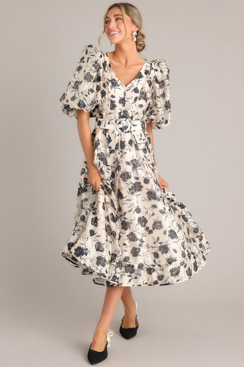 Ivory & Black Floral Belted Midi Dress - All Dresses | Red Dress